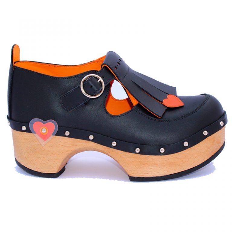 Heart Fringe Shoe – Black and Orange – Jackie Loves Clogs